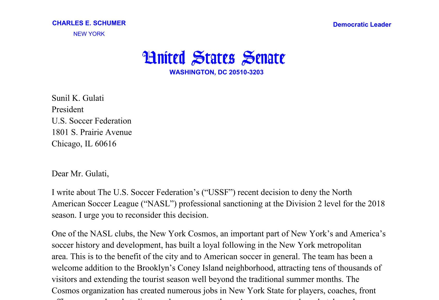 New York Cosmos: Open letters to the United States Soccer Federation